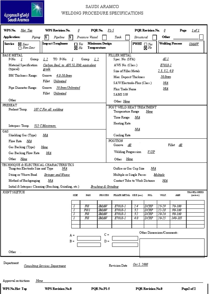 Aramco Hot Tap Welding Procedure Rev 1 | PDF | Construction | Welding
