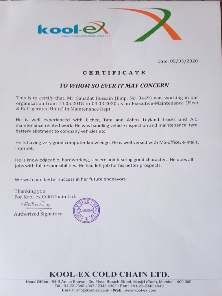 Kool-Ex Experience Letter | PDF