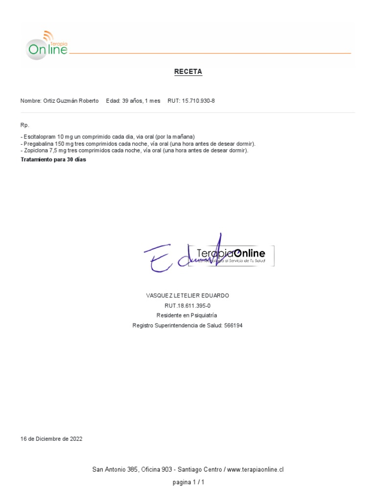 Receta Médica: Zopiclona y Escitalopram | PDF