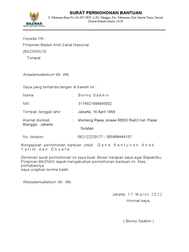 Surat Permohonan Bantuan Baznas Pusat | PDF