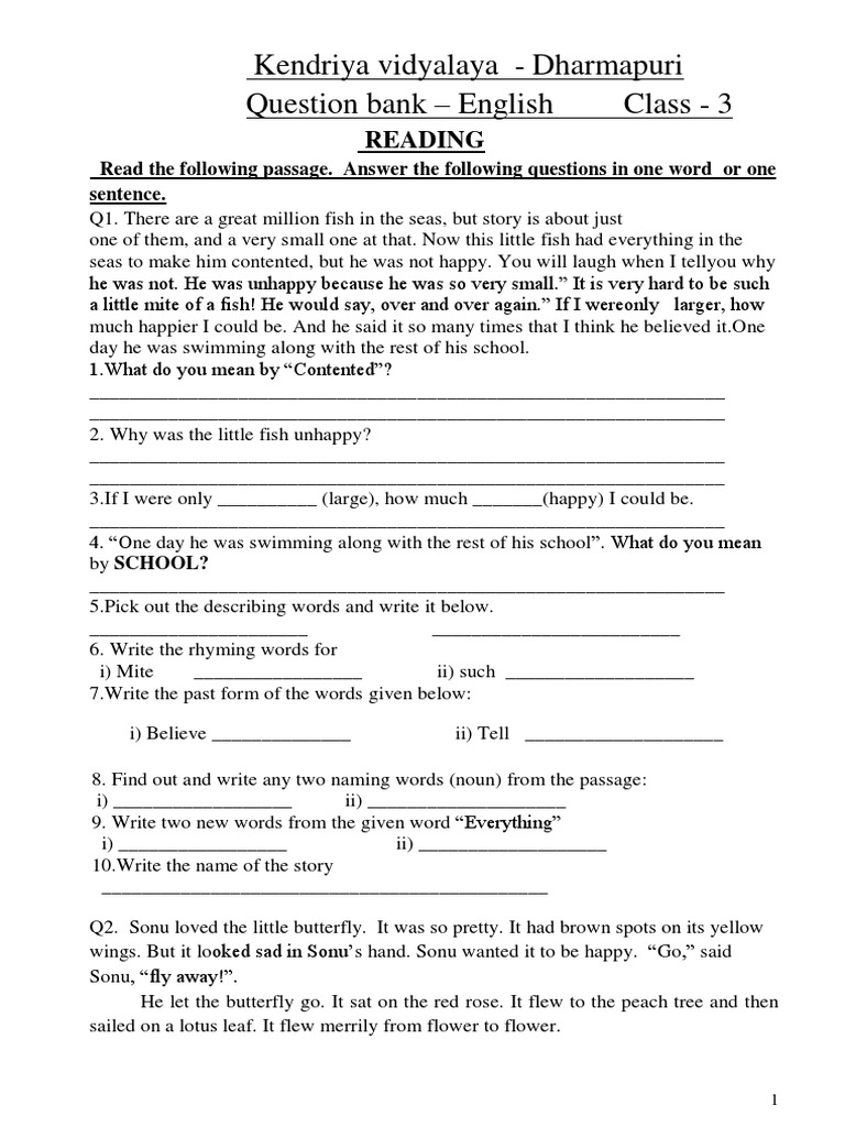 3rd English Question Bank | PDF