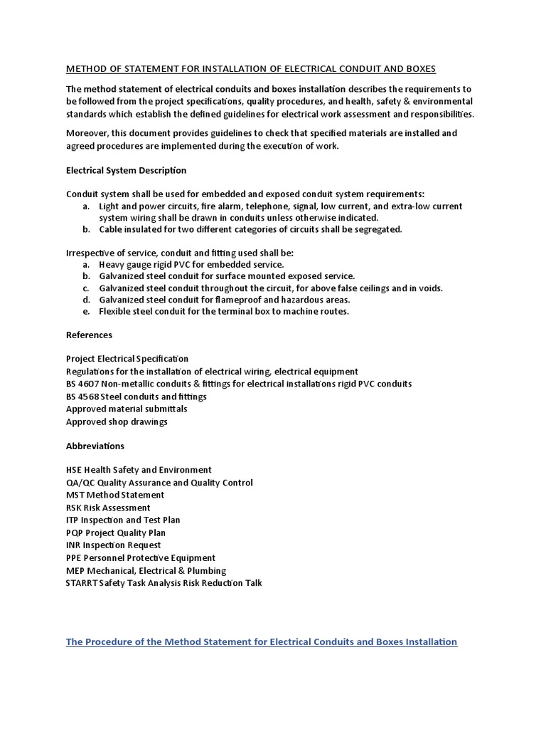 Method of Statement For Conduit Installation | PDF