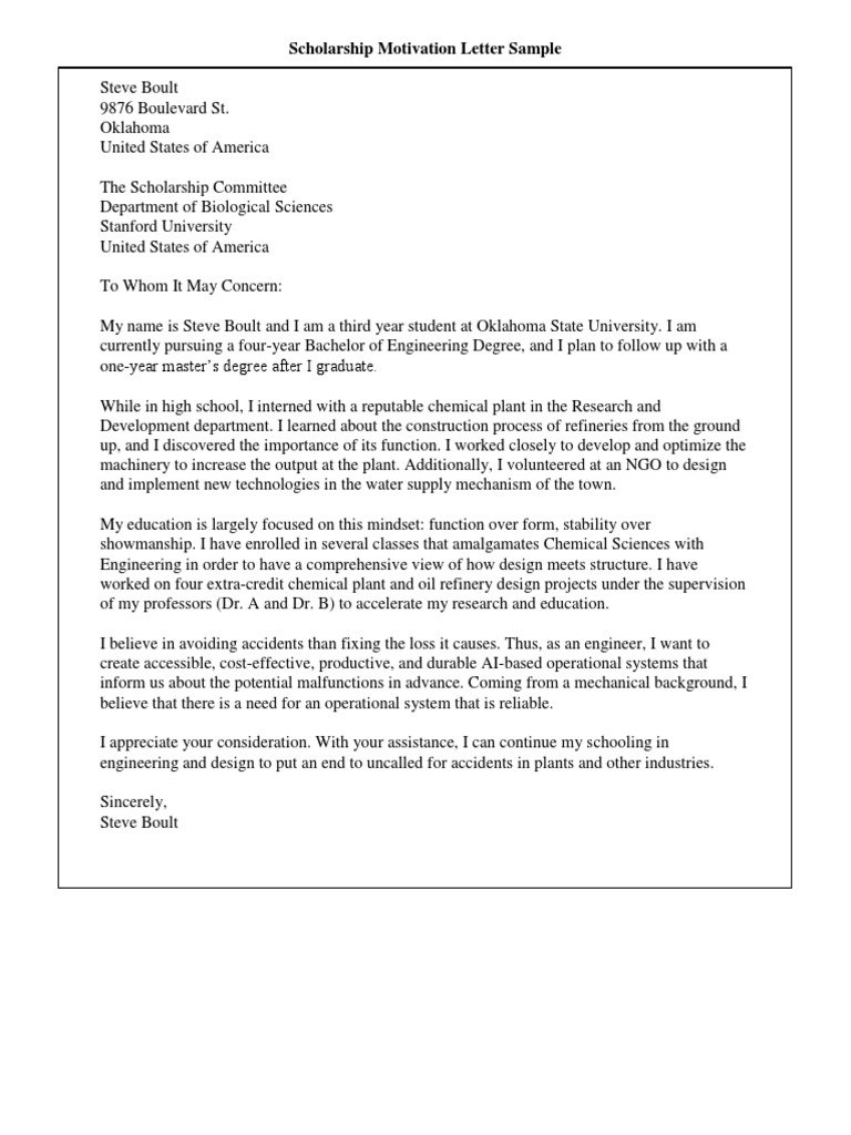 Scholarship Motivation Letter Sample | PDF