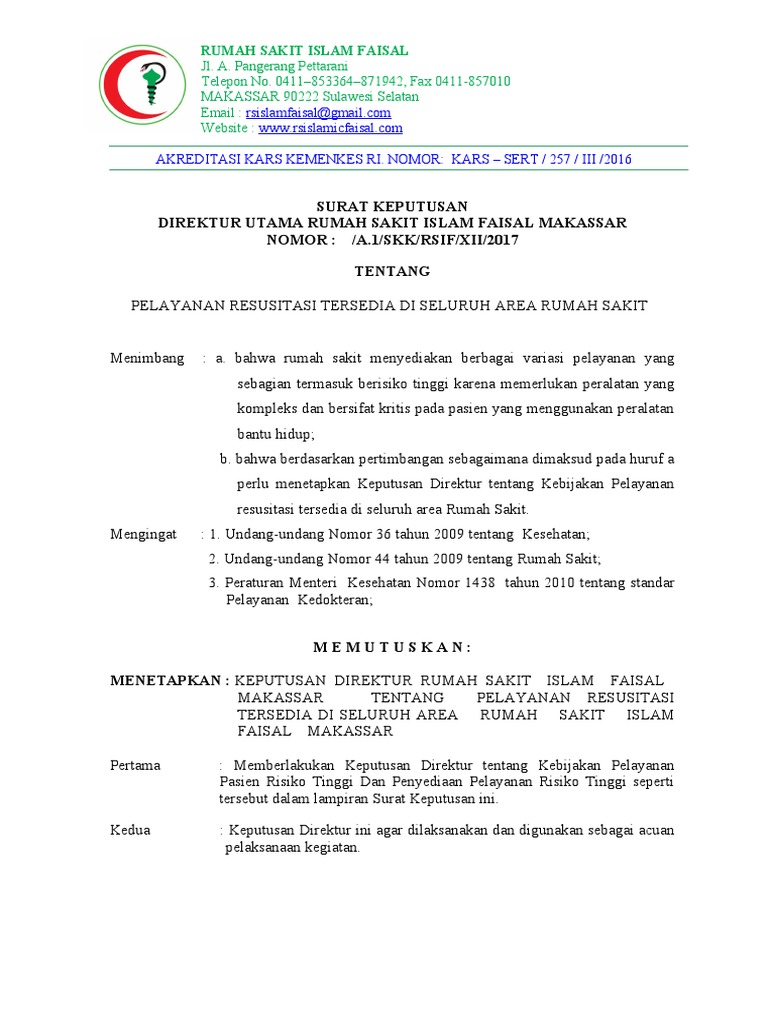 Surat Keputusan Direktur Tentang Pelayanan Resusitasi Tersedia Di ...