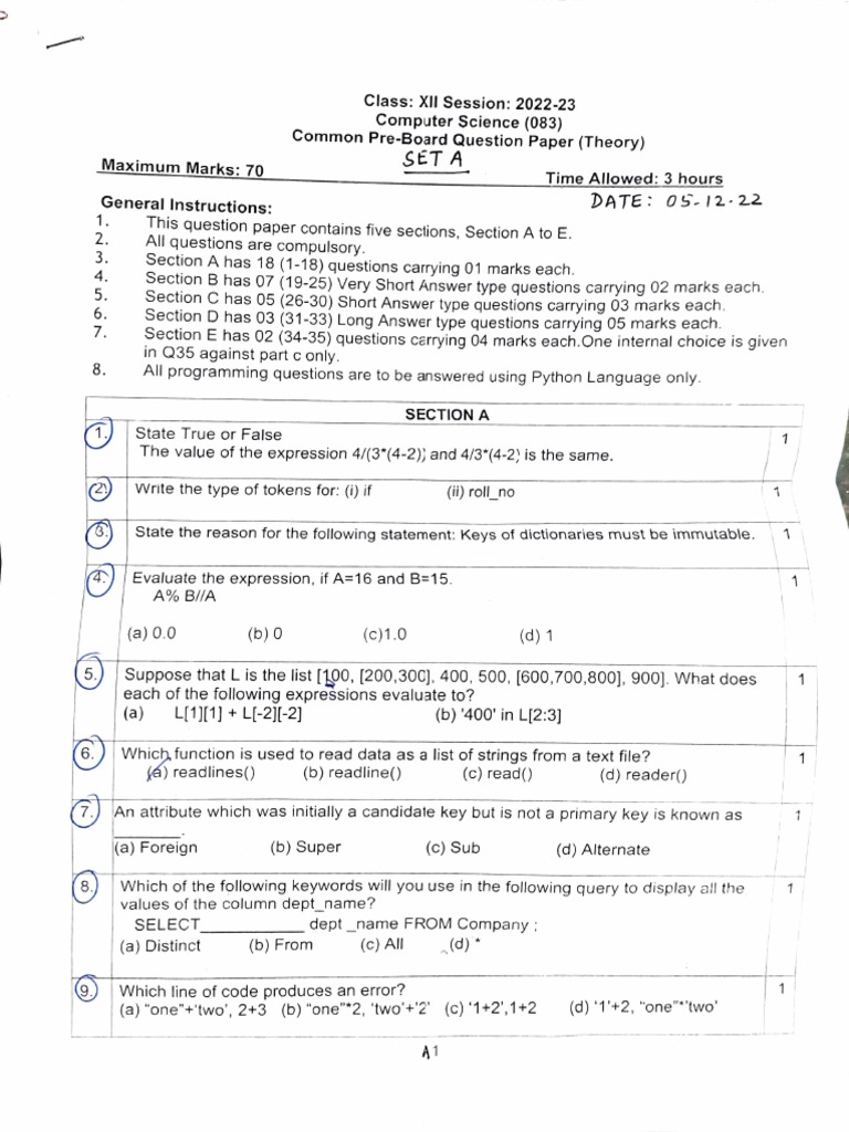 Maximum Marks: 70: (Theory) DATE: 05-12-22 Questions Compulsory | PDF ...