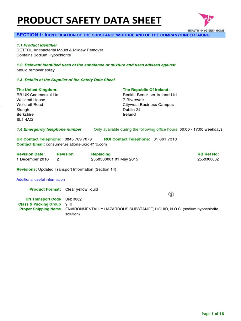Dettol Mould SDS | PDF | Safety | Occupational Safety And Health