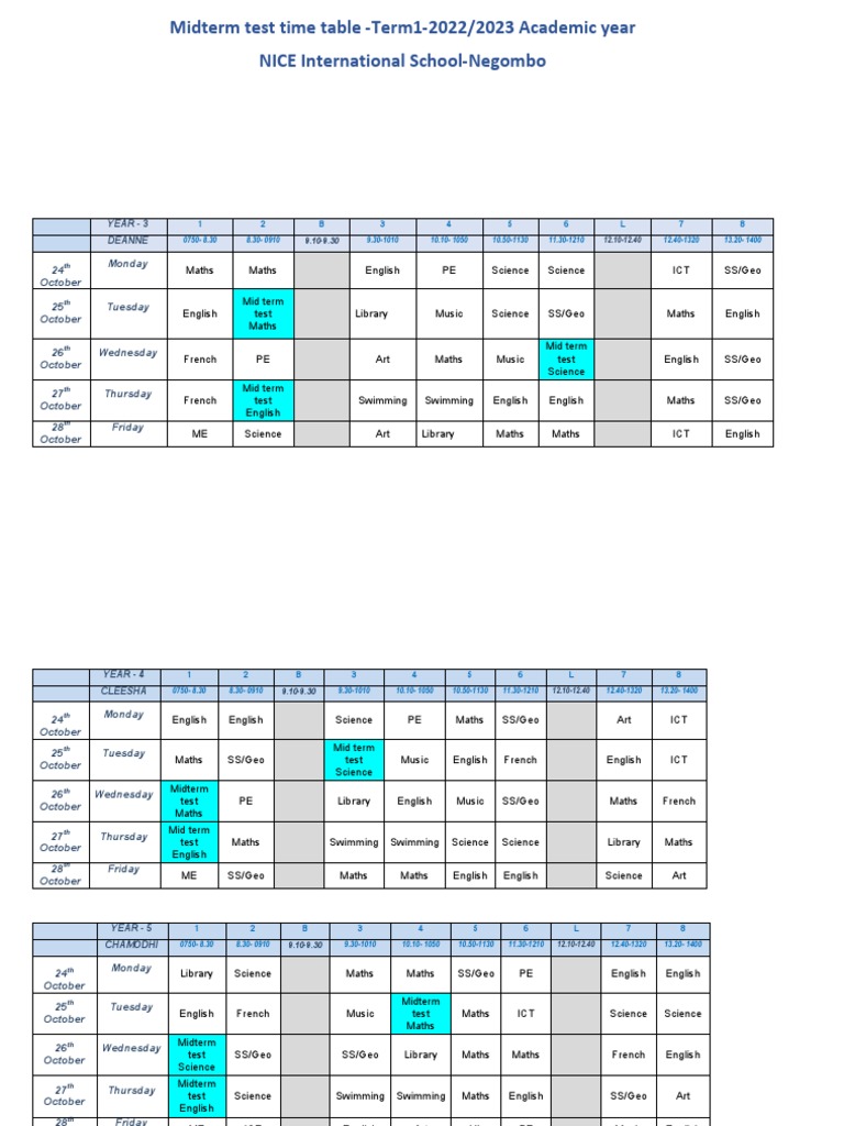 Midterm Test Time Table | PDF | Science | Nature