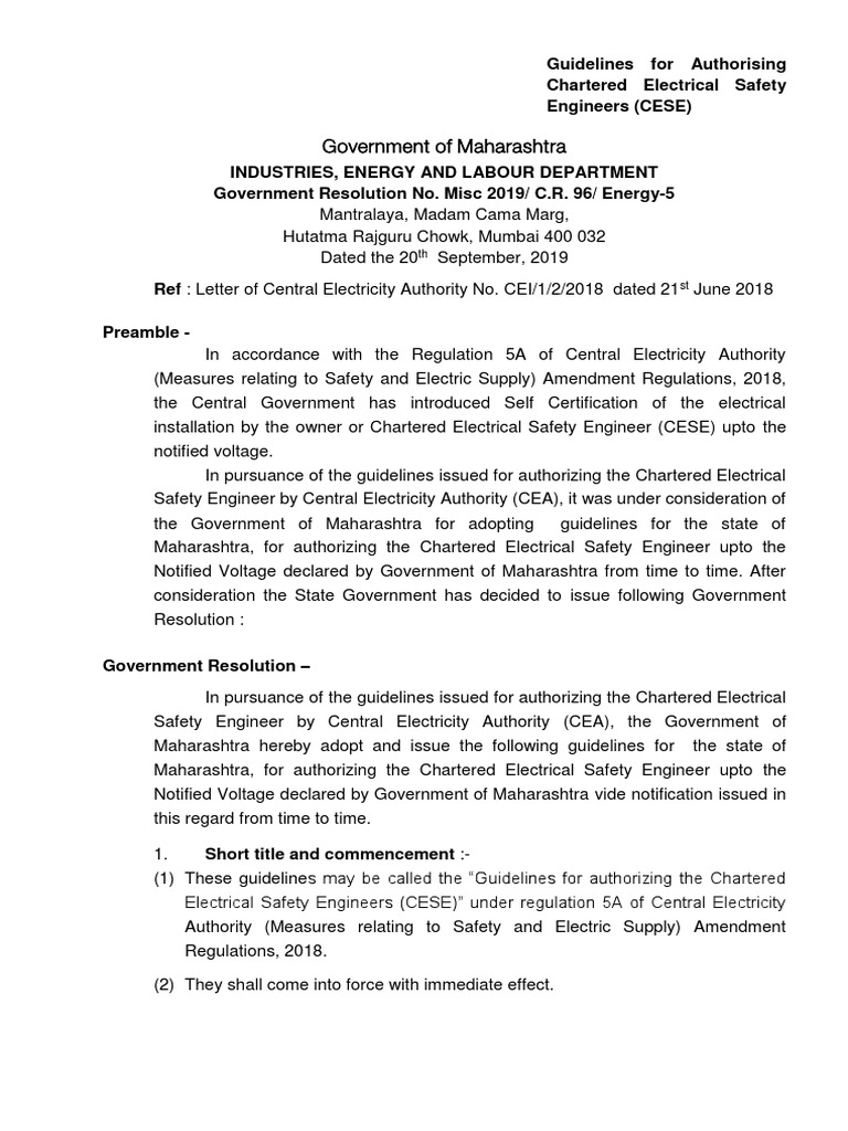 Guidelines for authorising CESE in Maharashtra | PDF | Electrical ...