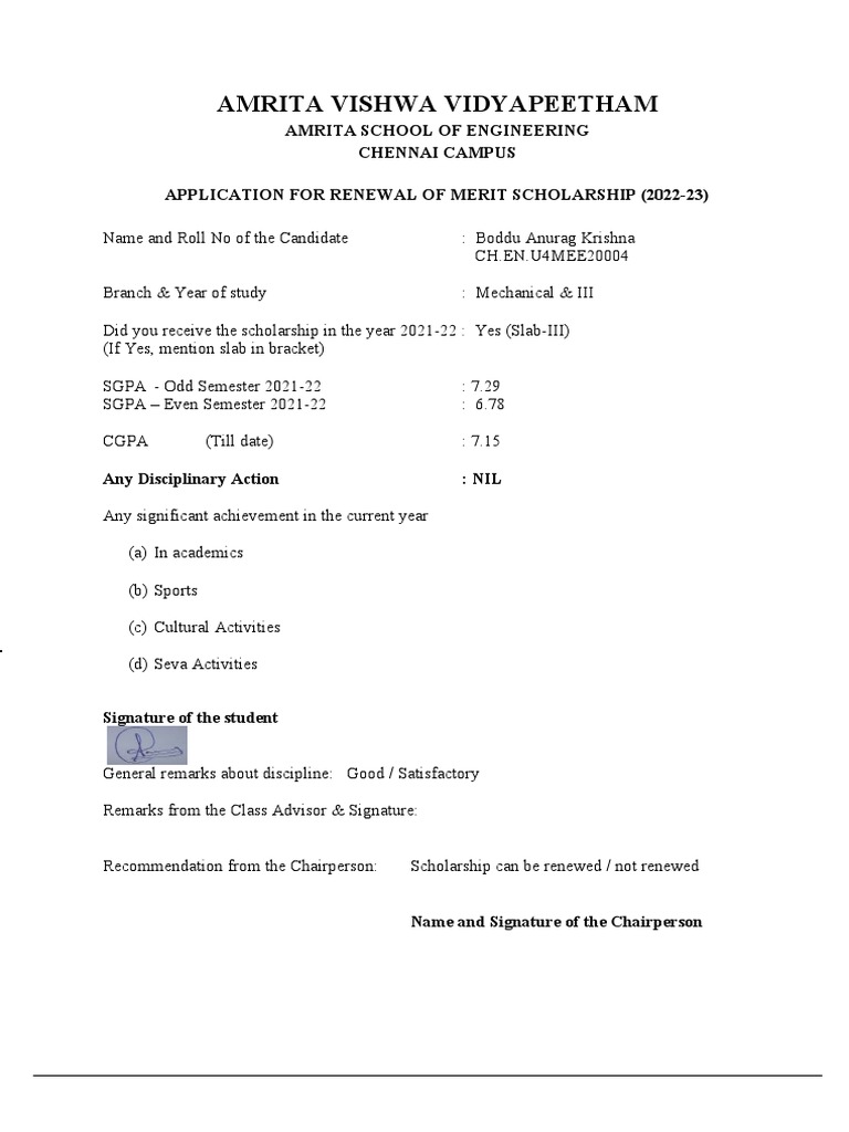 Merit Scholarship Renewal Form 2022-23 | PDF