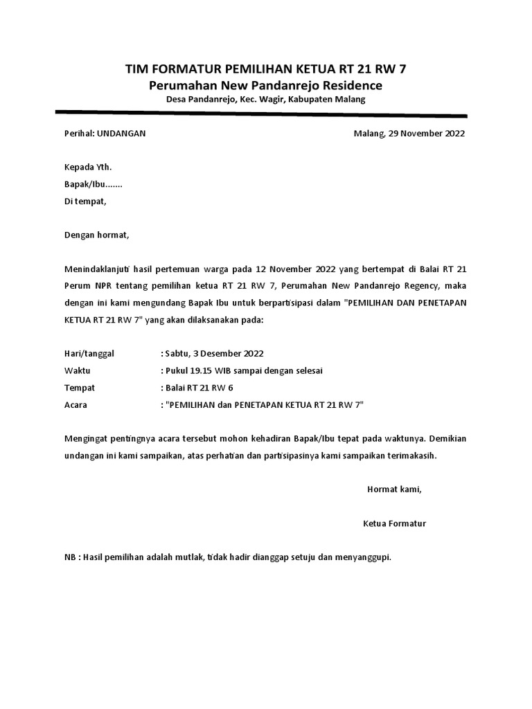 Undangan PEMILIHAN KETUA RT 21 RW 7 | PDF