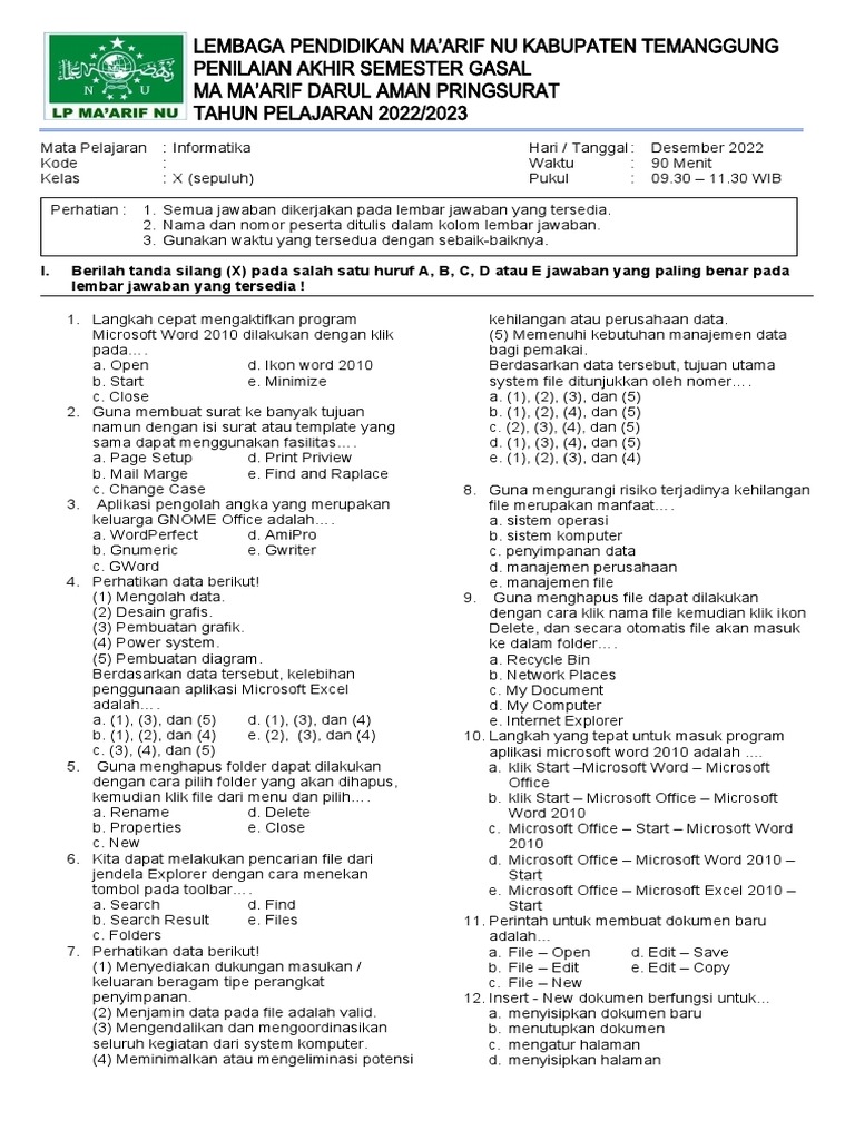 Soal Informatika Kelas X Semester Gasal | PDF