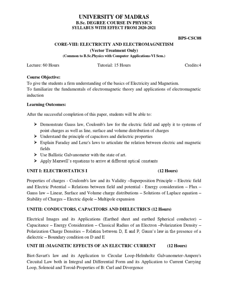 B.Sc. Physics Syllabus: Electricity & Magnetism | PDF | Electric Field ...