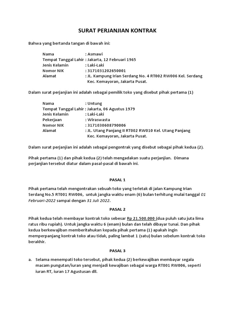 Surat Perjanjian Kontrak Kontrakan | PDF