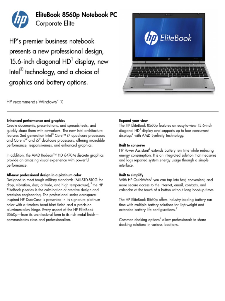 HP Elitebook 8560p Datasheet | PDF | Laptop | Intel