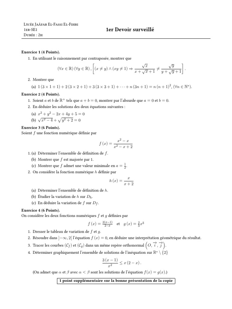Devoir 1 Maths 1er BAC Sciences Experimentales 1er Semestre Sections ...