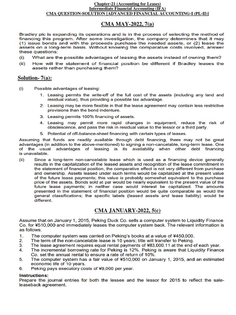 Accounting For Leases (CMA Exam Question & Solution) | PDF | Lease | Accounting