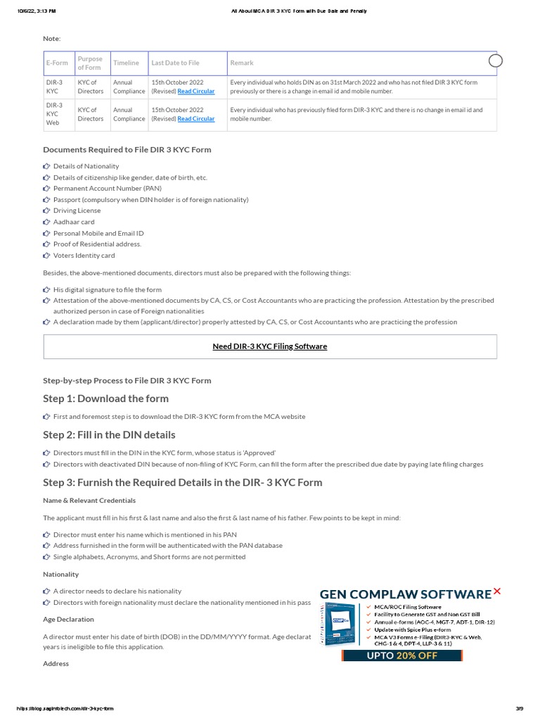 All About MCA DIR 3 KYC Form With Due Date and Penalty | PDF | Identity ...