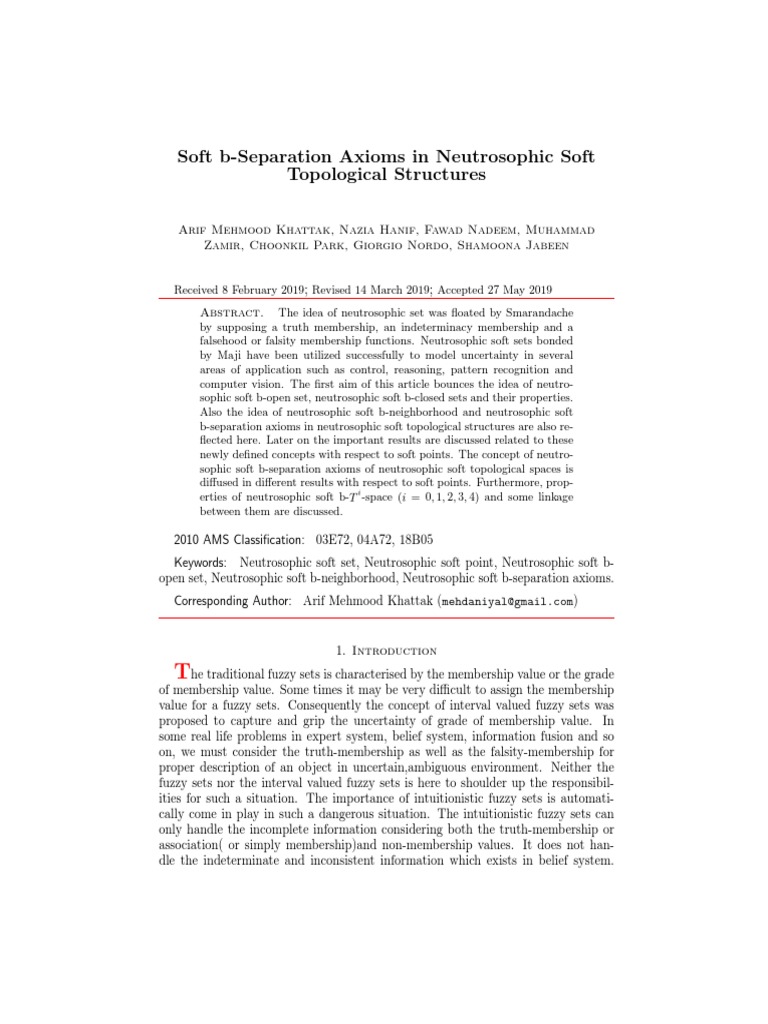 Soft B-Separation Axioms in Neutrosophic Soft Topological Structures | PDF | Mathematical ...