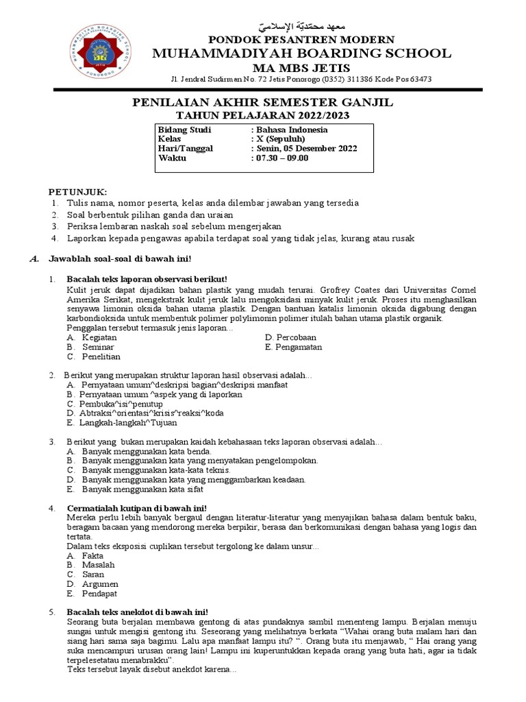 Soal Pas Bindo Kelas 10 | PDF