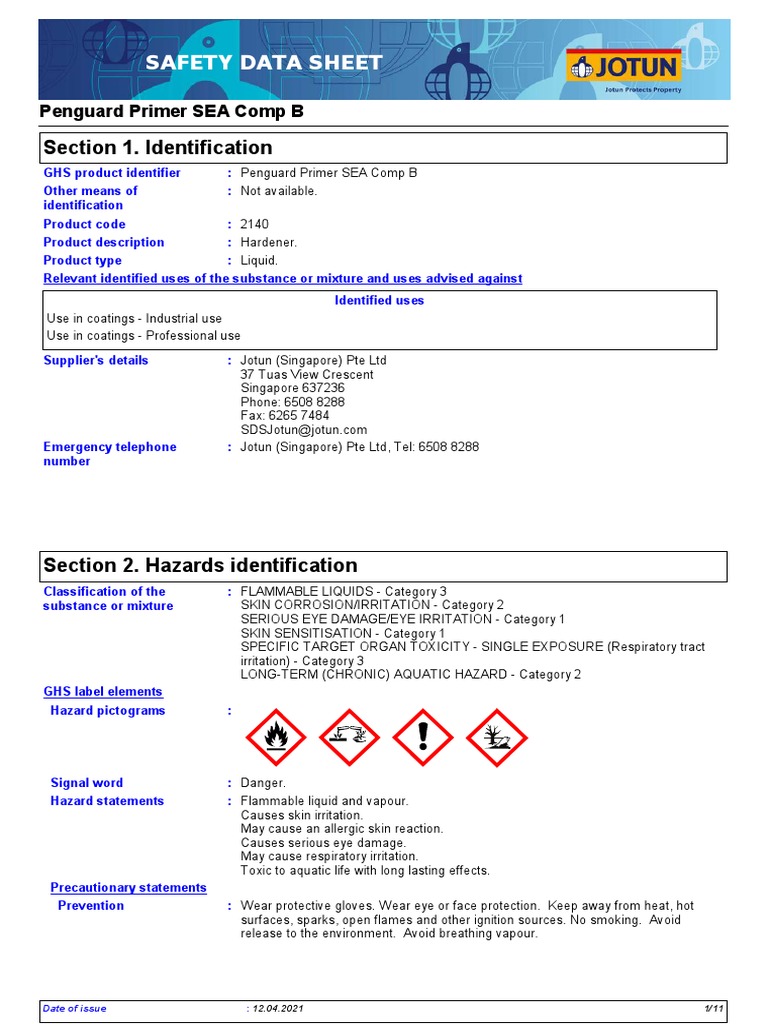 SDS 2140 Penguard Primer SEA Comp B Euk SG | PDF | Dangerous Goods ...