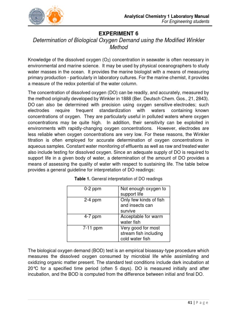 BOD Analysis Using Modified Winkler Method | PDF | Titration | Chemistry