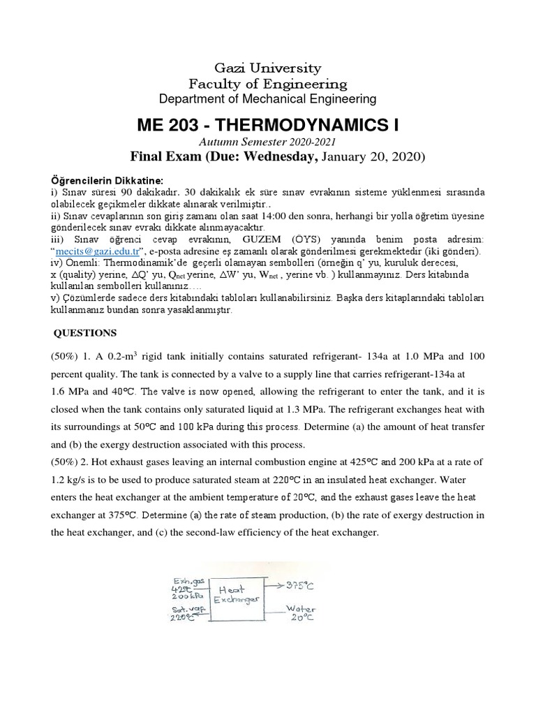 Thermodynamics Me203 Final Exam 20012021 Pdf