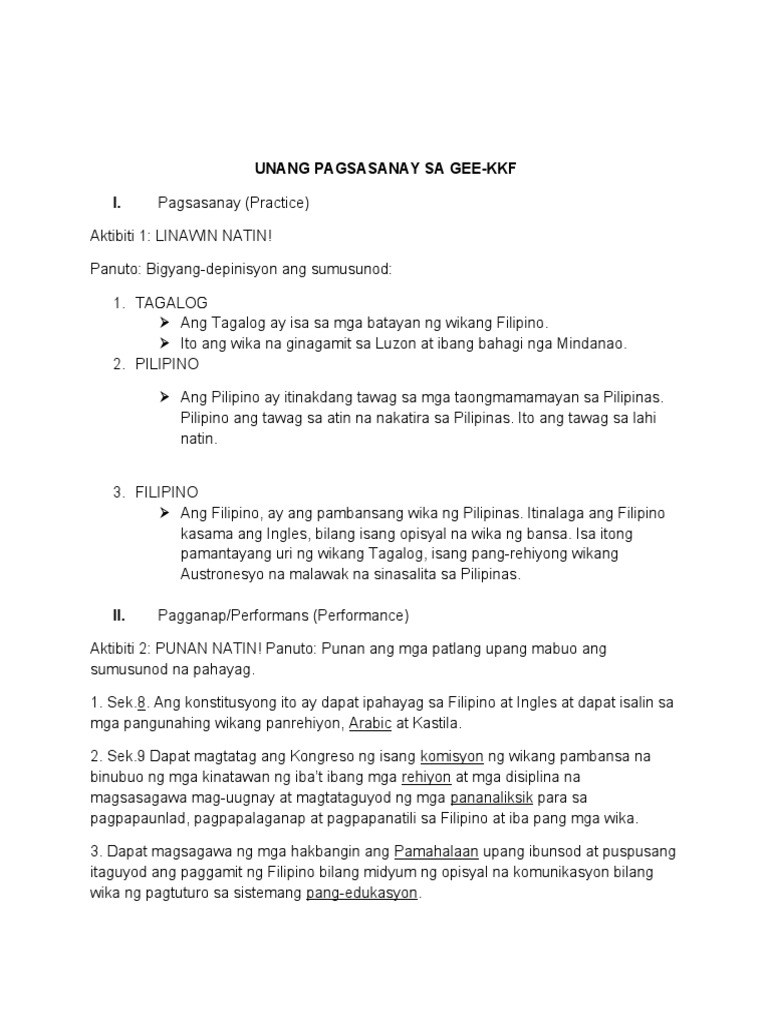 Unang Pagsasanay Sa Gee-Kkf 1 | PDF