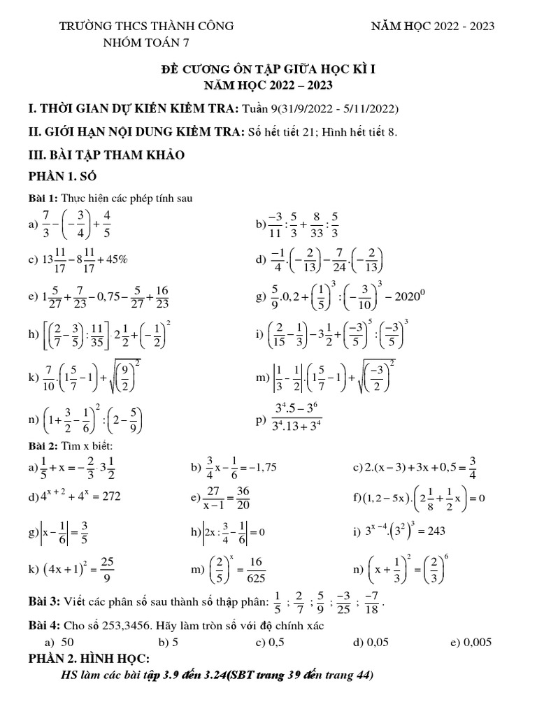 De Cuong On Tap Giua Ki 1 Toan 7 Nam 2022 2023 Truong Thcs Thanh Cong Ha Noi | PDF