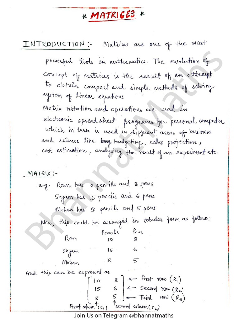 Matrices Short Notes Bhannat Maths Aman Sir Compressed | PDF