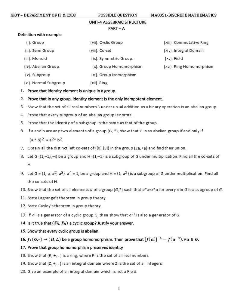 Unit-4 & 5 Possible Question | PDF | Group (Mathematics) | Ring ...