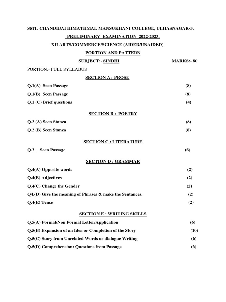 Xii Arts Science Commerce Prelim Exam Paper Pattern | PDF