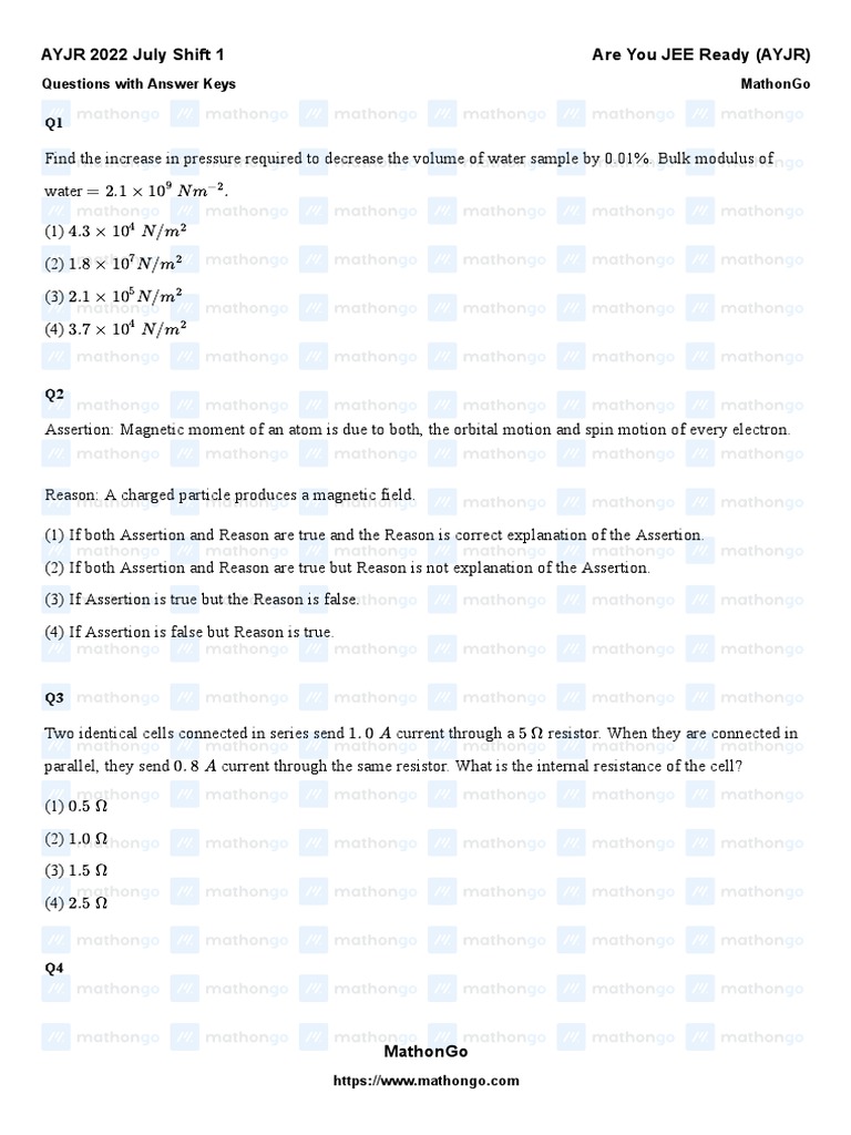 Analysis of Physics and Mathematics Questions with Answer Keys | PDF ...