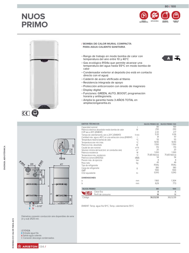 Nuos Primo Ariston | PDF | Bomba de calor | Agua