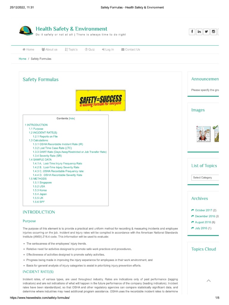 Safety Formulas - Health Safety & Environment | PDF