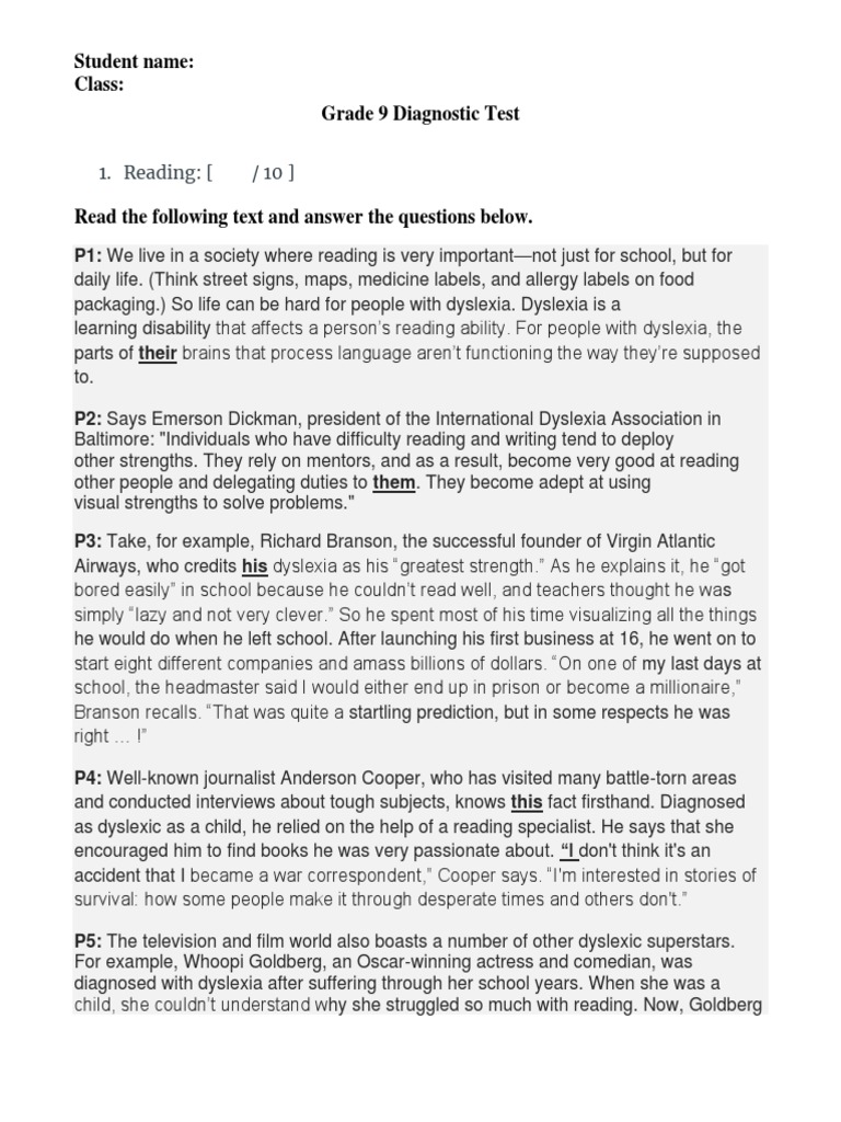 Grade 9 Diagnostic Test | PDF | Dyslexia | Verb