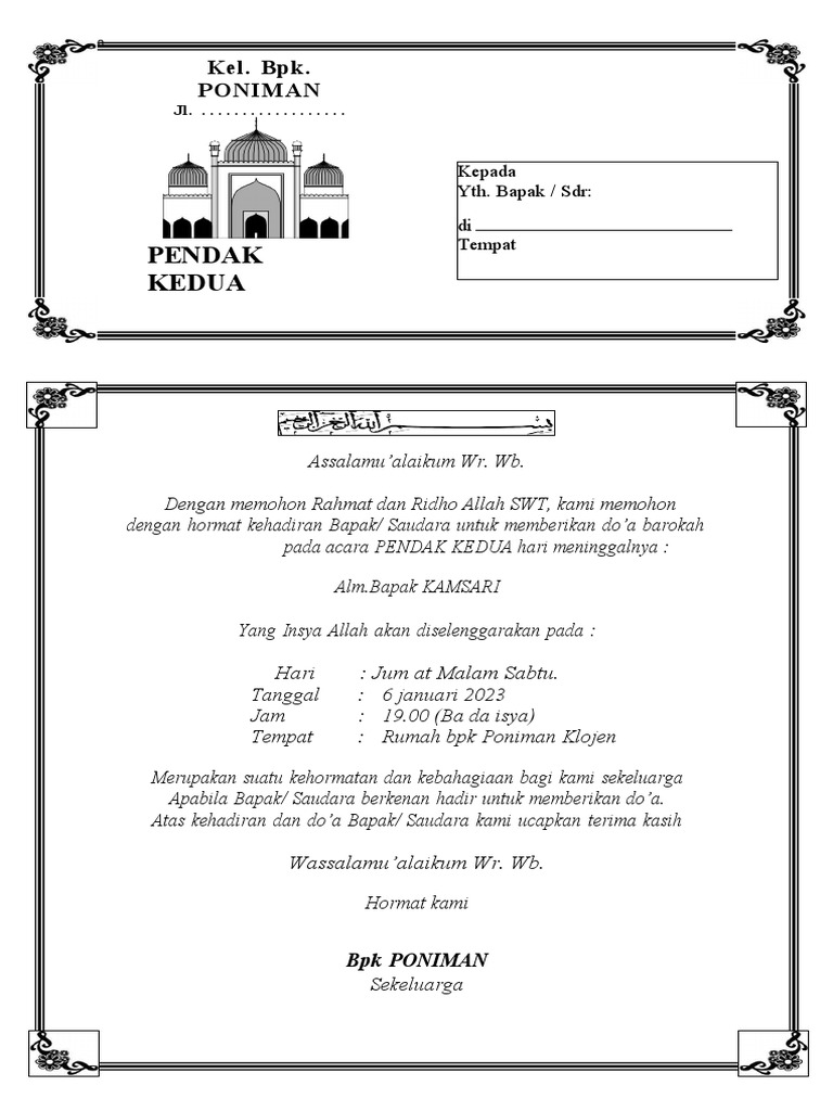 Undangan Tahlil 40 Hari Alm. Kamsari | PDF