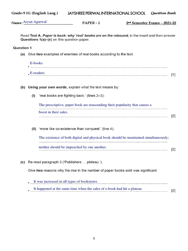 9th English Lang. Paper - 1 (Question Paper) | PDF | Books