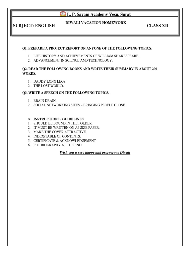 English Diwali Vacation Homework | PDF