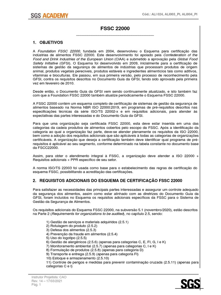 Auditor Interno fssc22000 V 5.1 - Food - Apostila | PDF | ISO 9000 | Embalagem e rotulagem