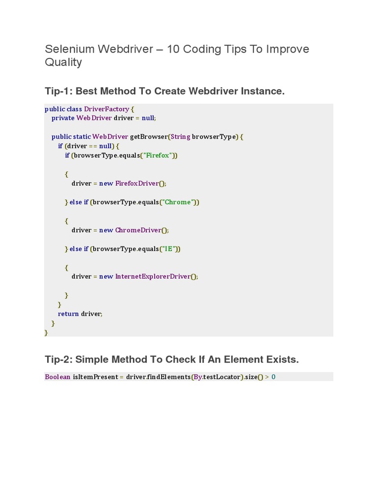Selenium WebDriver Tips | PDF | Selenium (Software) | Computing Selenium WebDriver Tips | PDF | Selenium (Software) | Computing