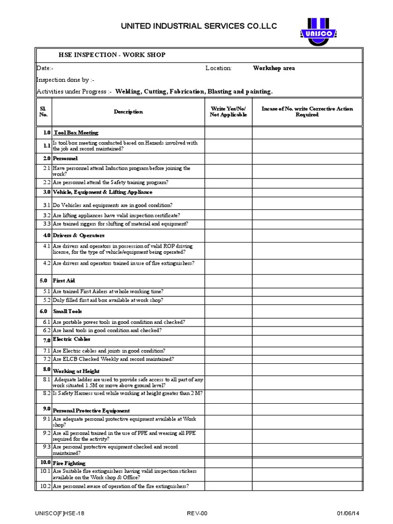 HSE Inspection Report for United Industrial Services Co. LLC Workshop ...