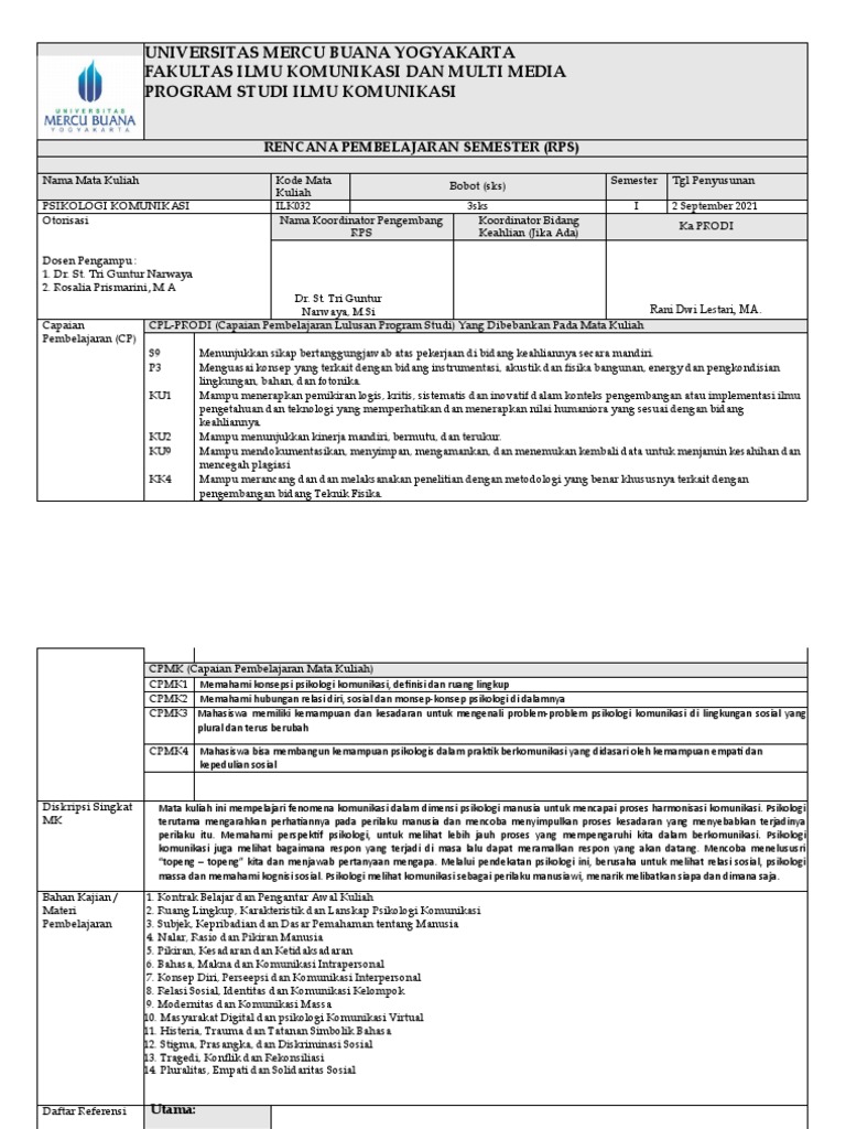 Rps Obe Psikologi Komunikasi 2 | PDF