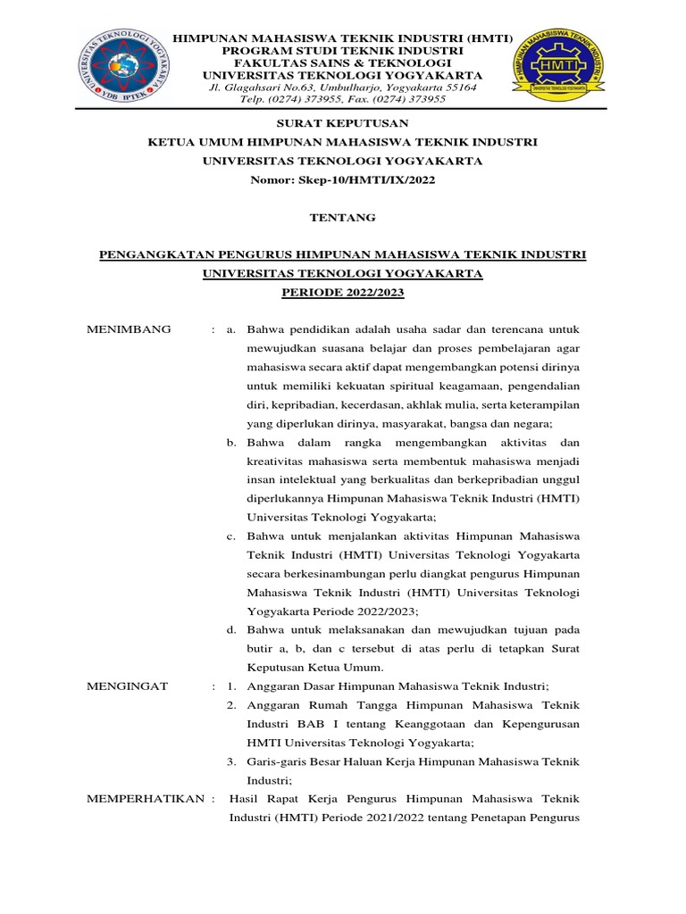 Surat Keputusan Pengurus HMTI Periode 2022-2023 | PDF