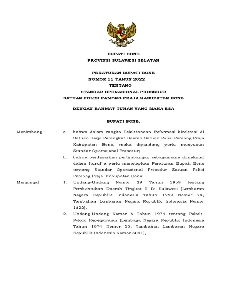 Perbup No 11 Tahun 2022 Tentang Sop Satpol PP Kab. Bone | PDF