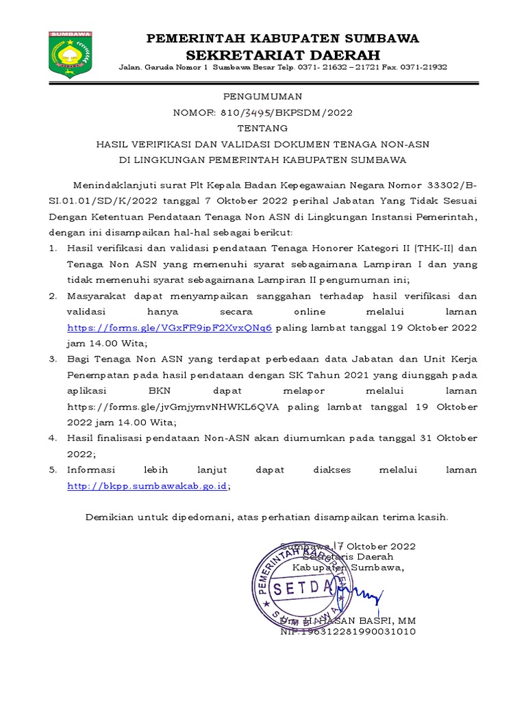 Pengumuman Hasil Verifikasi Dan Validasi Non Asn | PDF