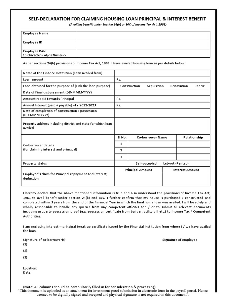 Housing Loan Tax Benefit Self-Declaration | PDF | Loans | Taxes