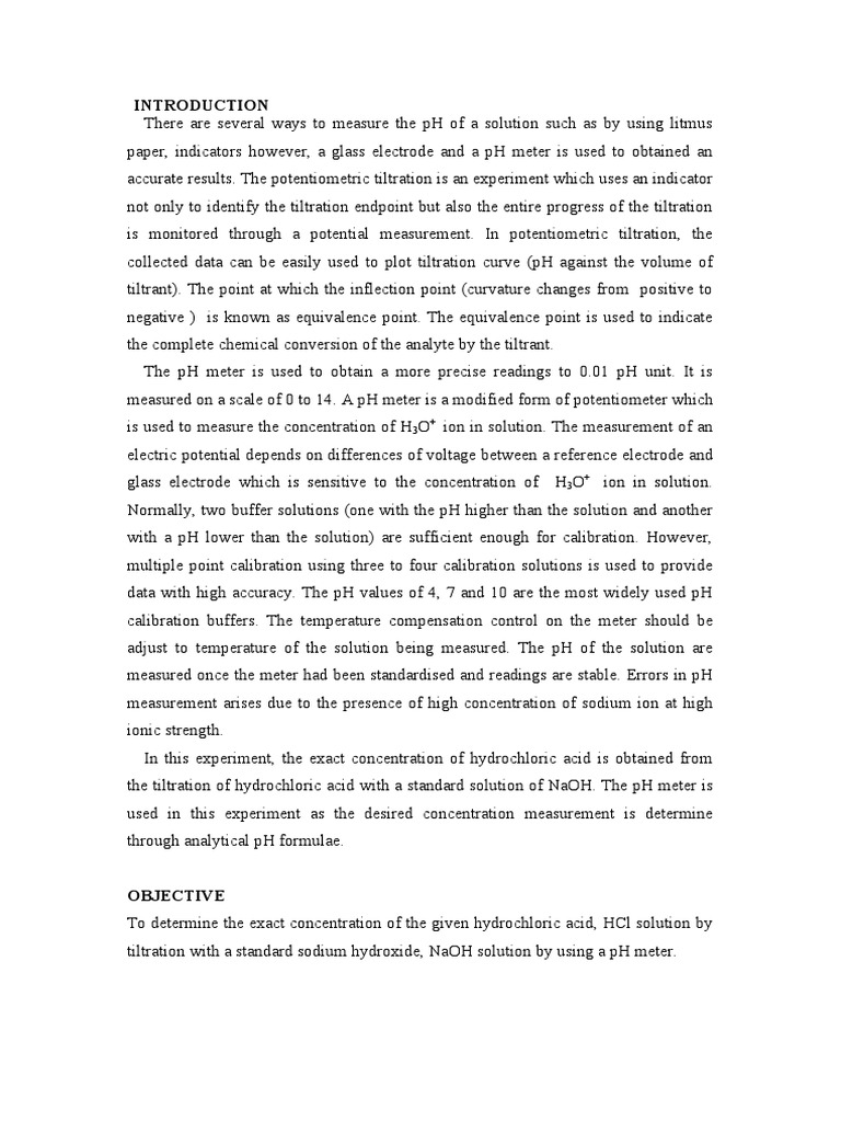 Potentiometric PH Measurement Lab Report | PDF | Ph | Titration