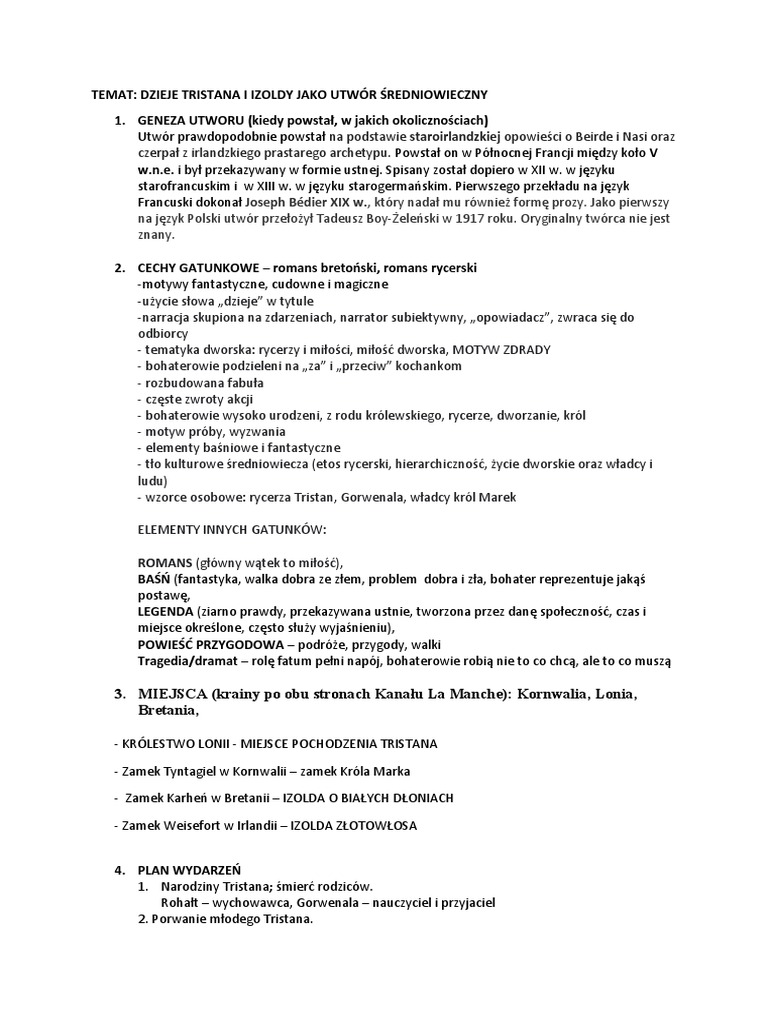 Dzieje Tristana I Zoldy - Notatka | PDF