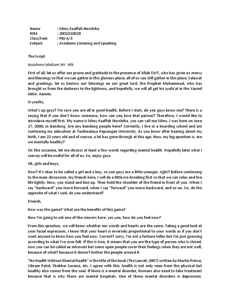Silmy Kaaffah Nurshiha Script | PDF | Mental Disorder | Major ...