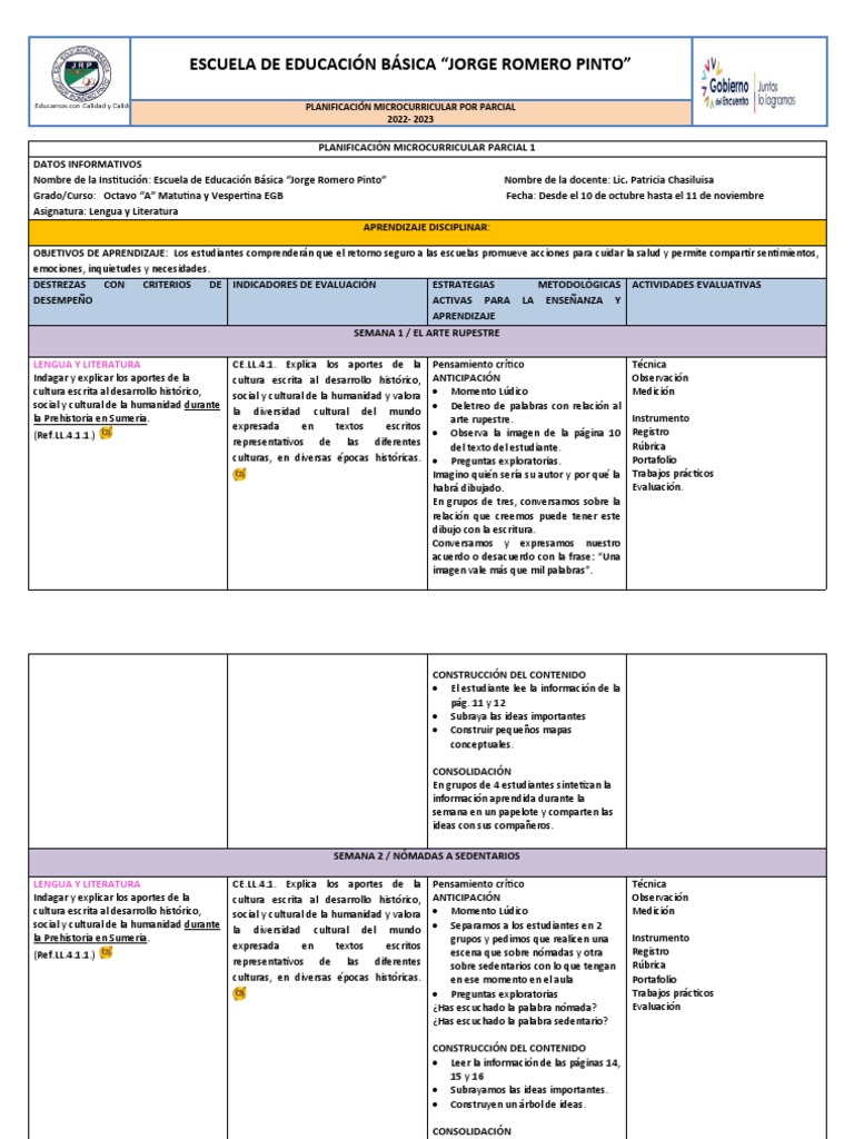 8vo Planificación Microcurricular 1er Parcial Pdf Evaluación